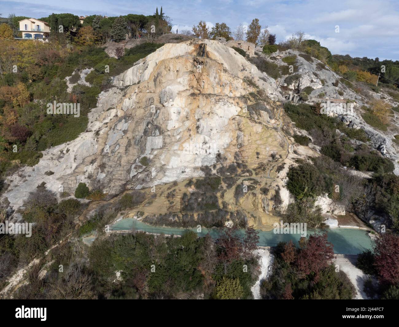 Aerial view on free hot thermal springs and pool in nature park Dei ...