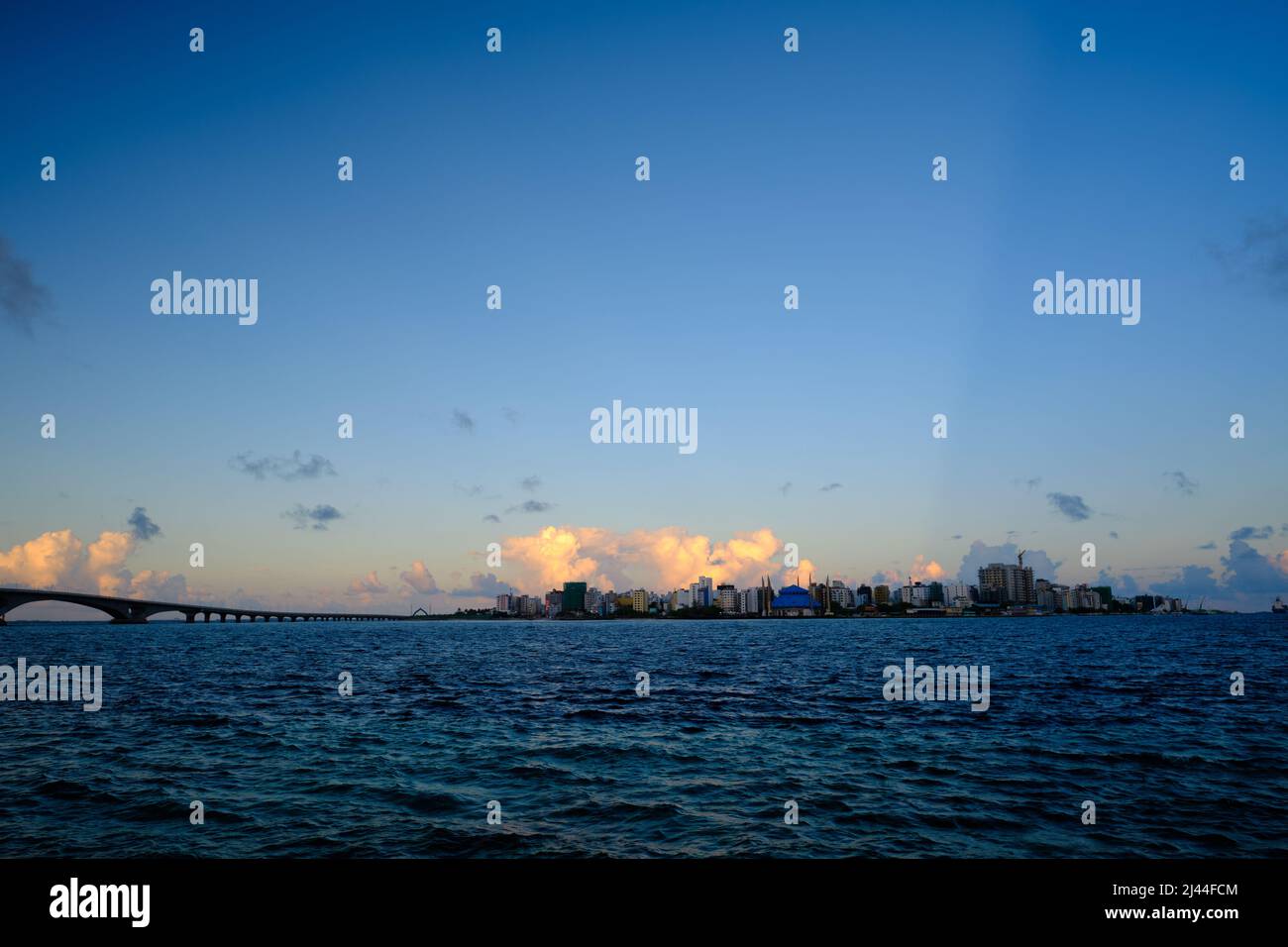 View from the middle of the Sinamalé Bridge in the Maldives, looking ...