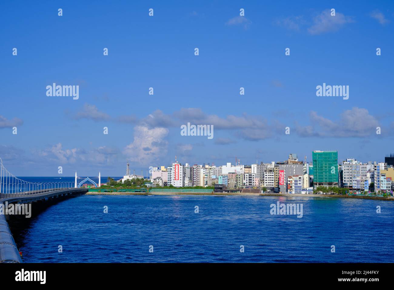 View from the middle of the Sinamalé Bridge in the Maldives, looking ...