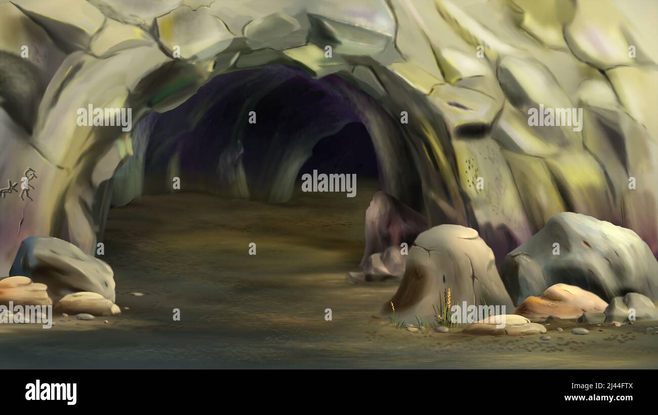 Entrance to the cave of prehistoric man. Digital Painting Background ...