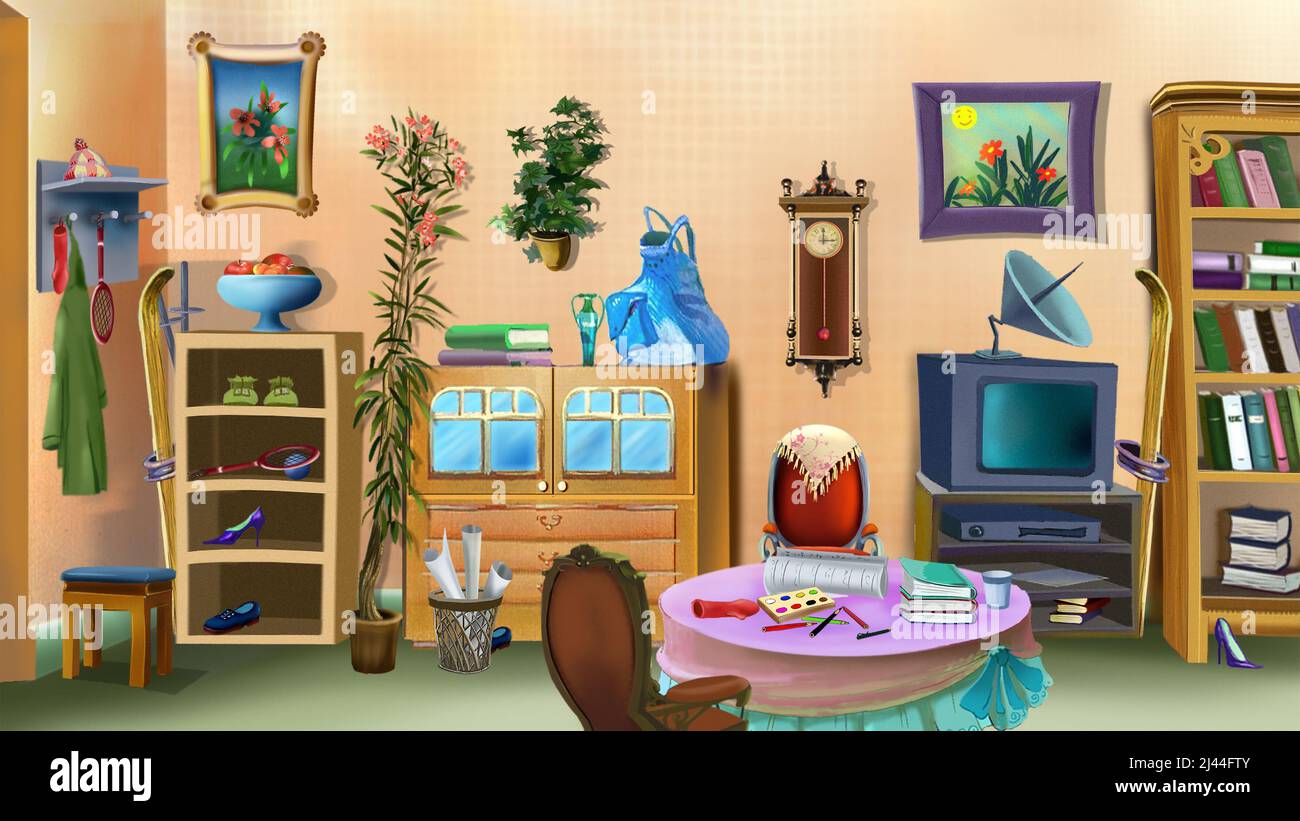 Cartoon room interior in retro style. Digital Painting Background ...