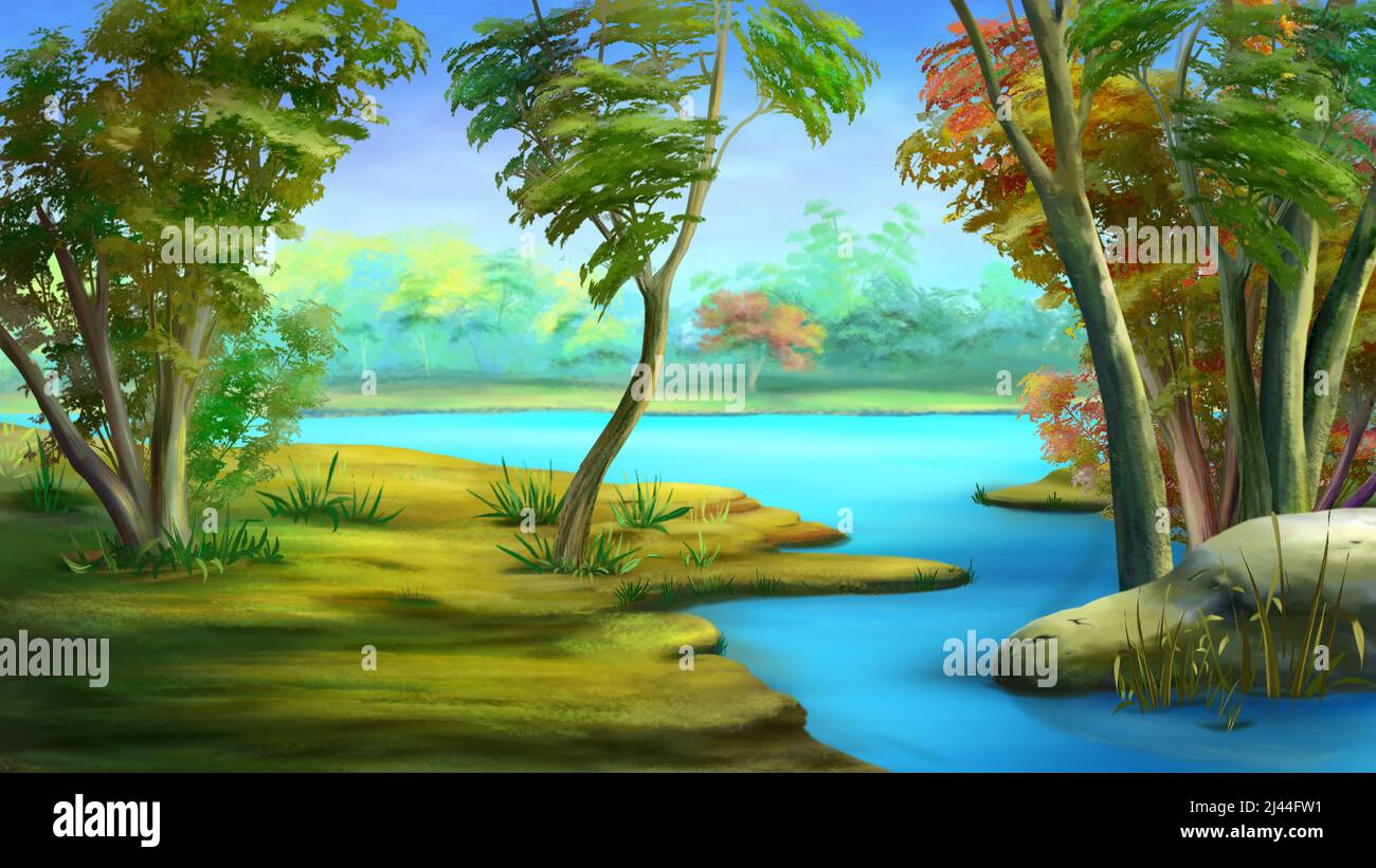 Bank of a wide river in a deciduous forest on a sunny summer day ...