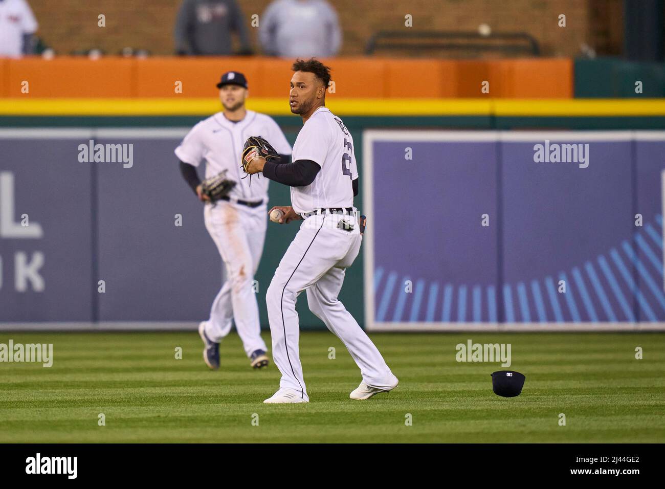Denver CO, USA. 11th Apr, 2022. Detroit center fielder Victor Reyes (22 ...