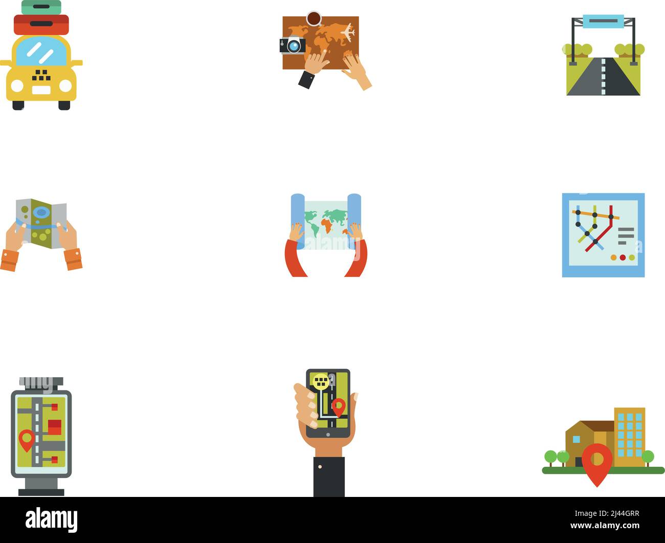 Exploration Icon Set. Taxi With Suitcases Planning Trip Road Sign Paper ...