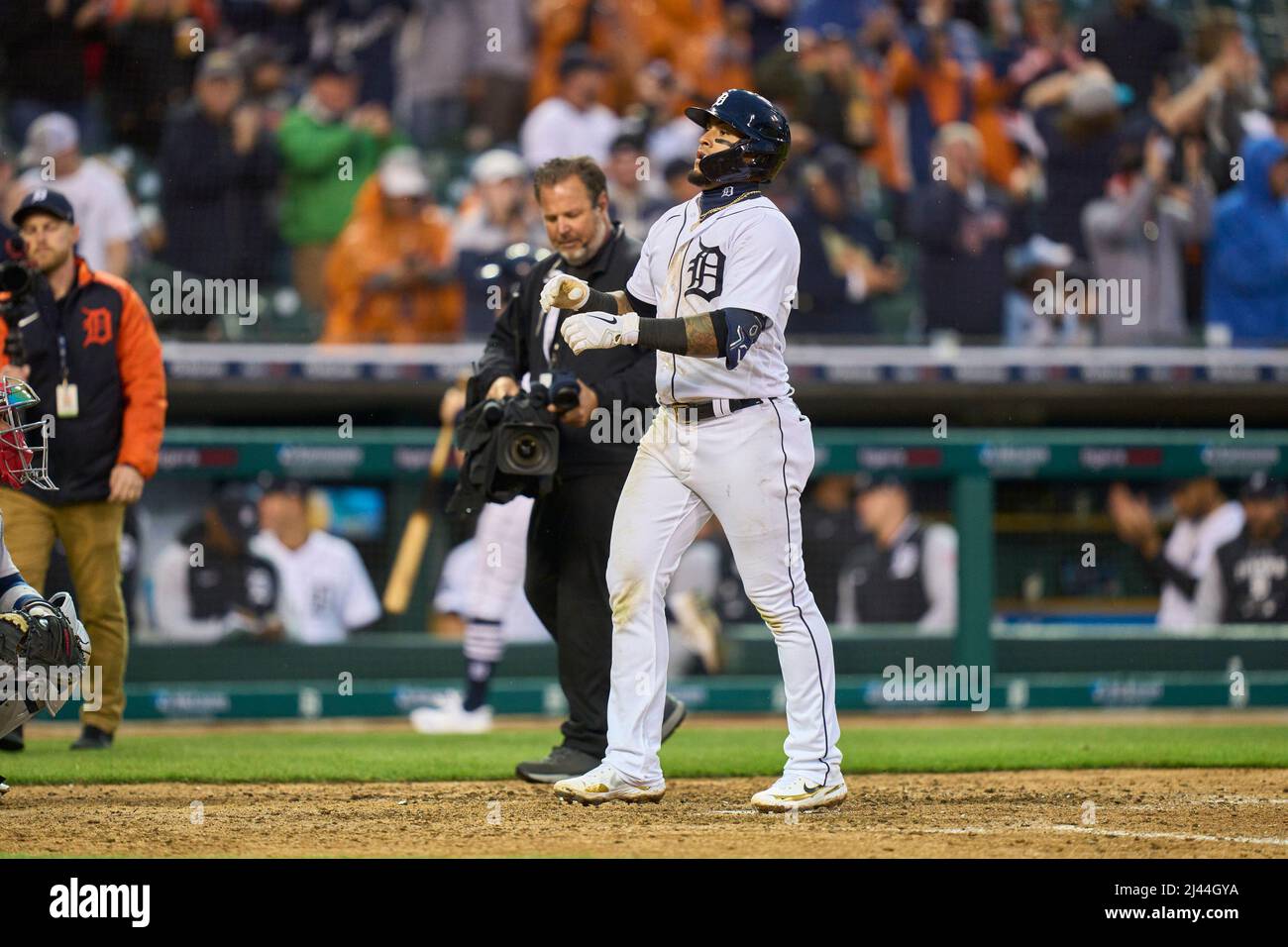 April 11 2022: Detroit shortstop Javy Baez (28) hits a homer during the ...