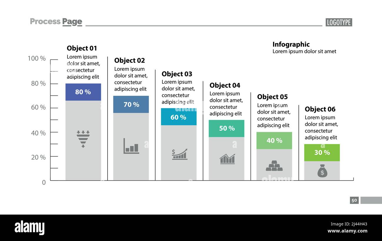 Six columns bar chart slide template. Business data. Percentage ...