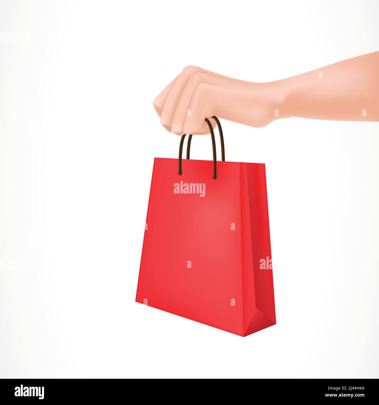 Hand holding red paper bag. Design element for posters, leaflets and ...