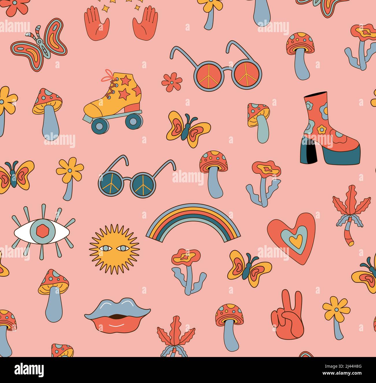 Hippie seamless pattern in 60s-80s style. Psychedelic, comic groovy ...