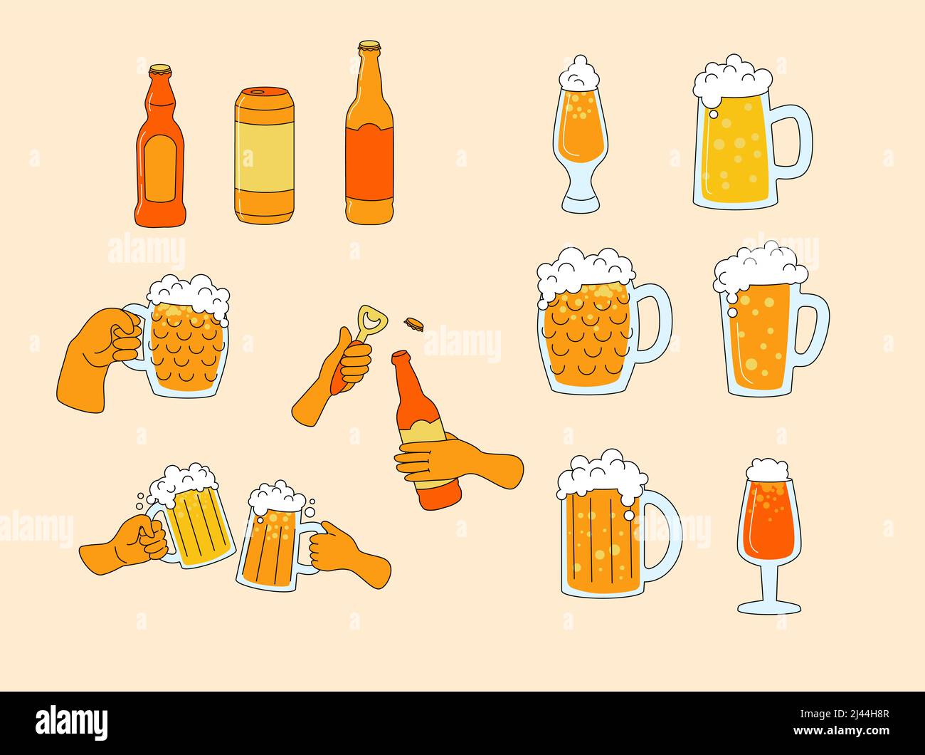 Beer set stickers. A collection of beer glasses, bottles, mugs, hands ...