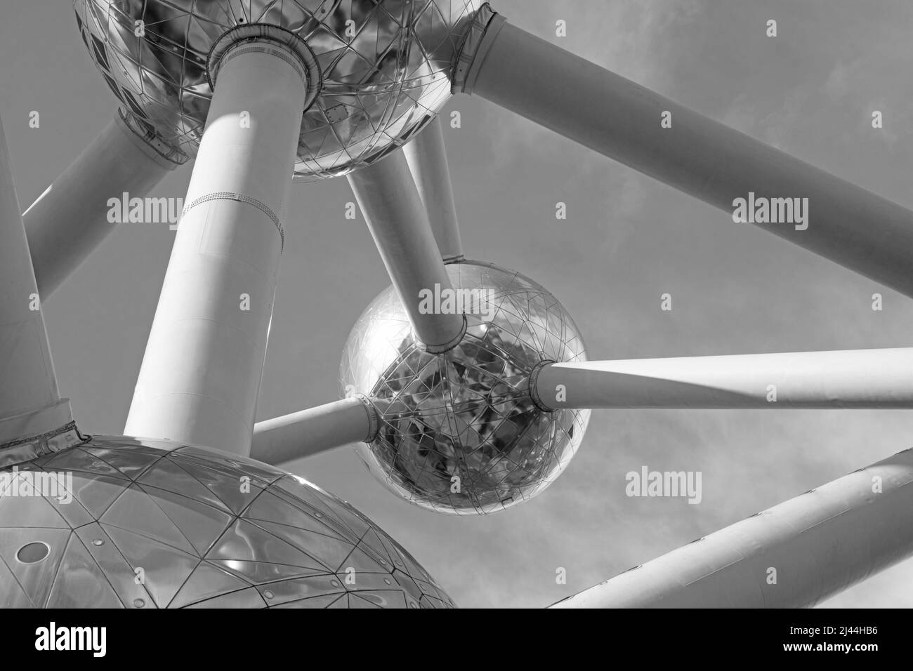 Close-up of Atomium monument in Brussels Belgium on a gray misty day ...