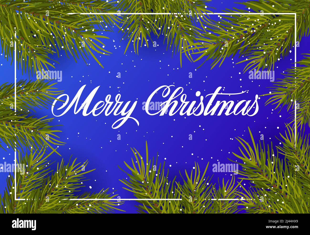 Merry Christmas lettering. Winter background with falling snow and fir ...
