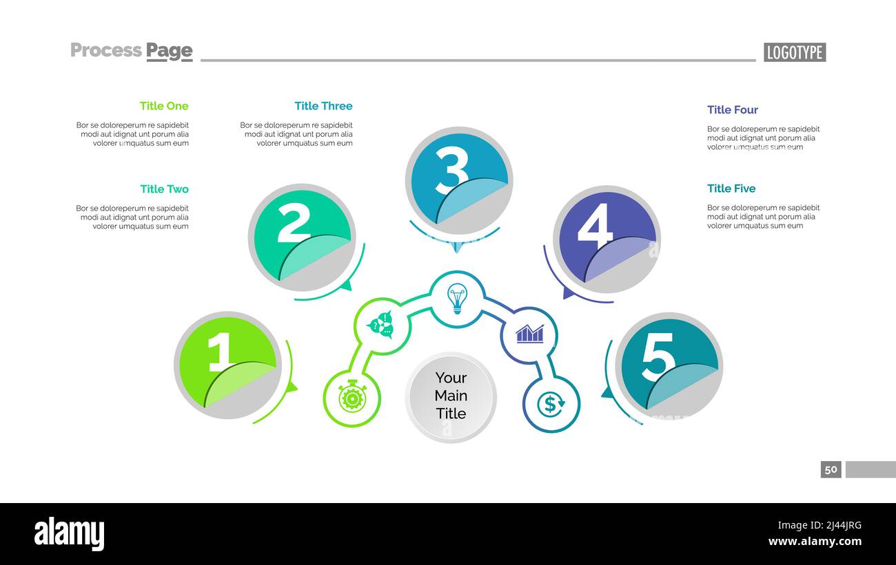 Five circles process chart slide template. Business data. Step, point ...