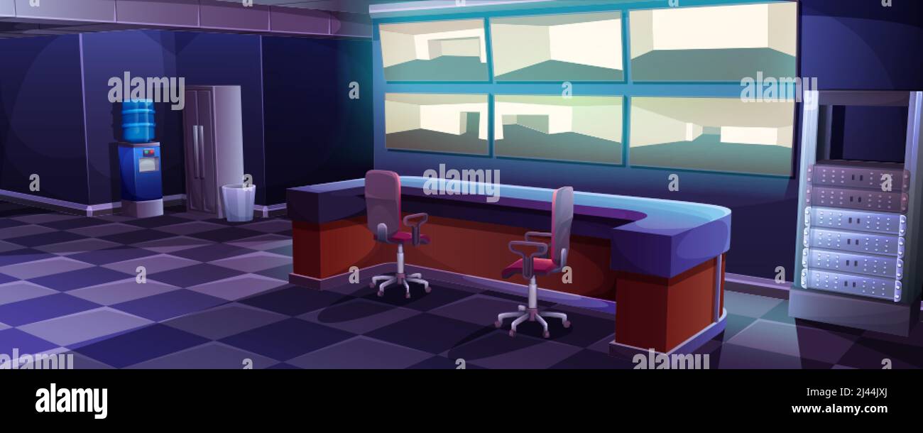 Cartoon control cctv room interior. Security office with multiple ...