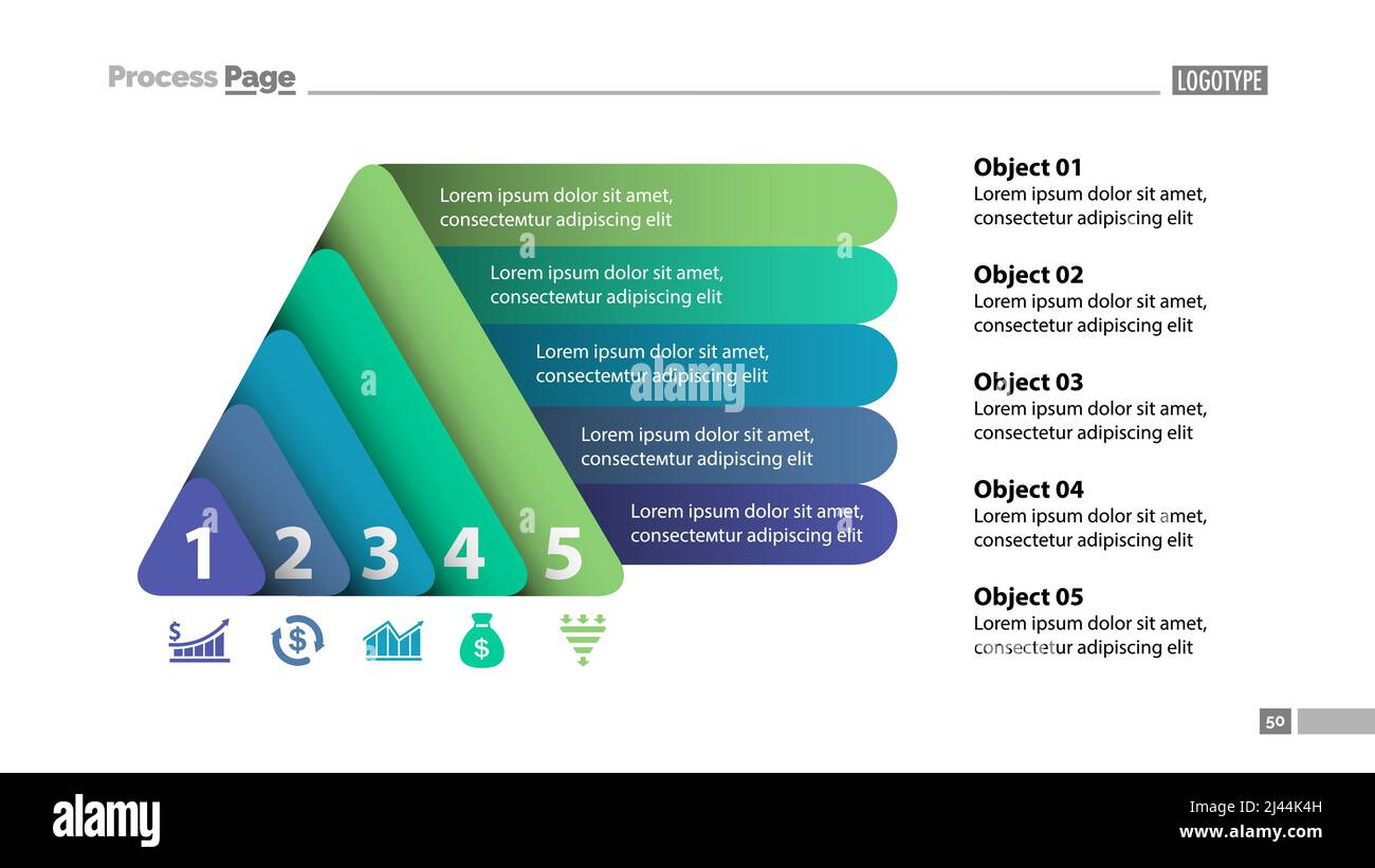 Five elements process chart slide template. Business data. Review ...