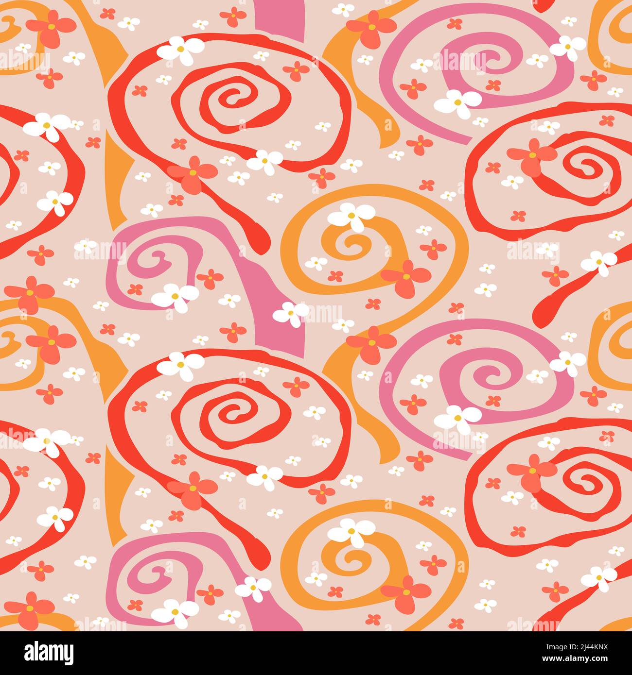 70’s swirl seamless pattern with flowers. Floral hand drawn vector ...