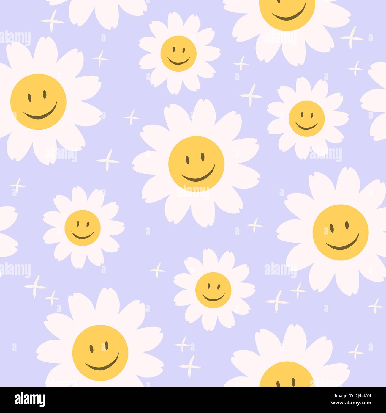 70’s cute seamless smiling daisy pattern with flowers. Floral hippie ...