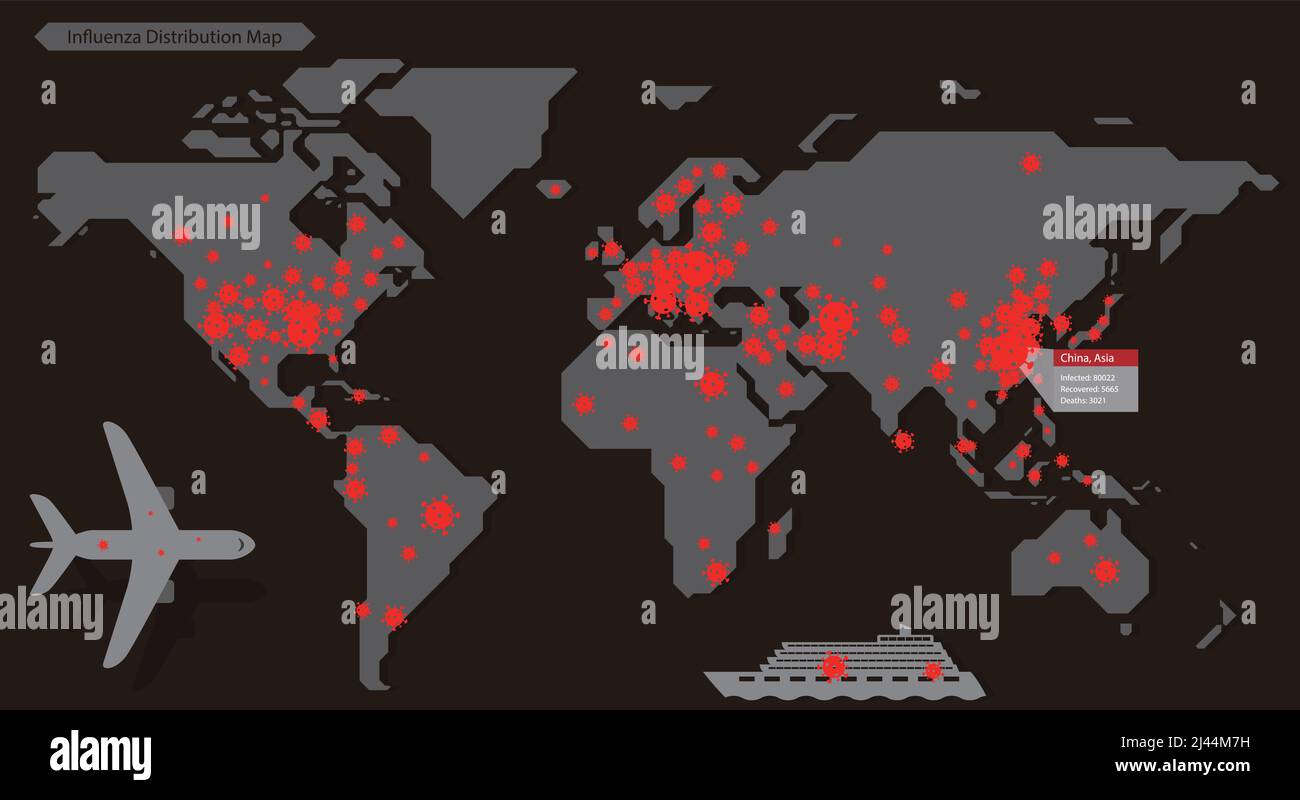 World influenza epidemic chart, map of the world, vector background ...