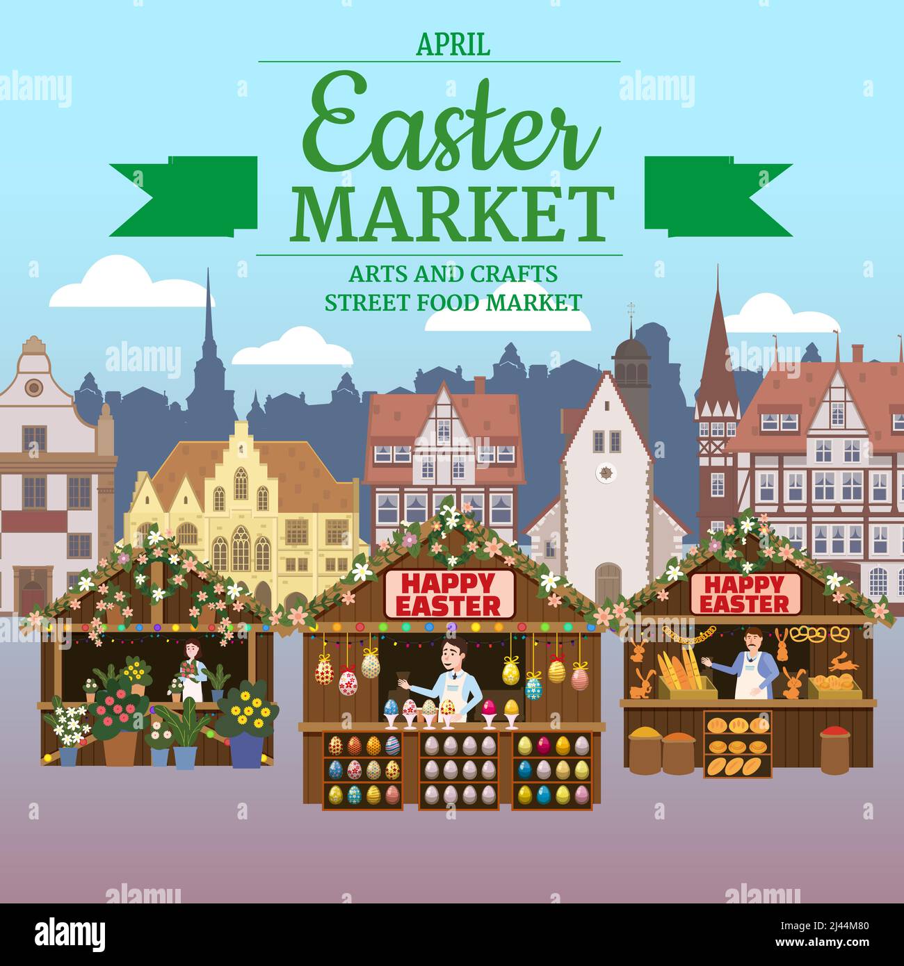 Easter Market poster, Holiday City Spring Fair, wooden stalls decorated ...