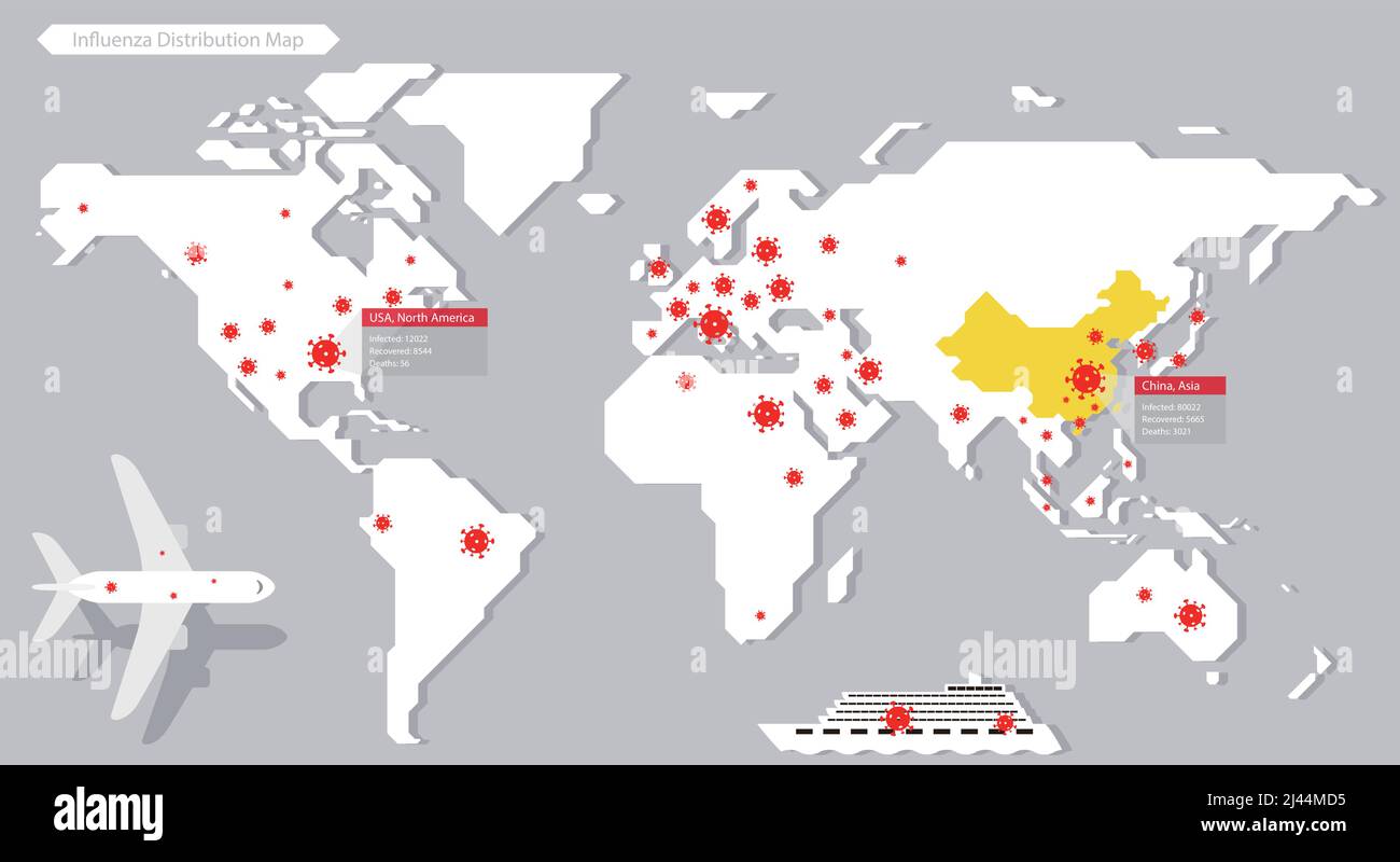 World economic chart, influenza epidemic, map of the world, vector ...
