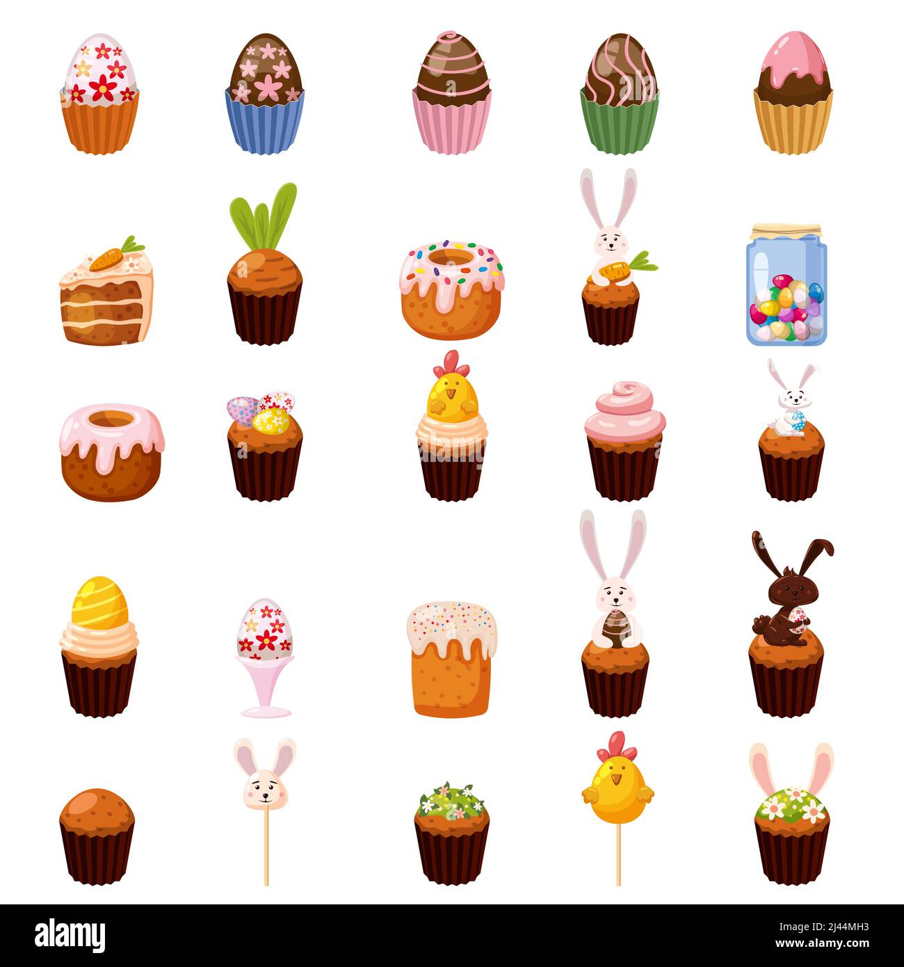Set of Easter sweets eggs, cupcake, bird, bunny, candies, cake ...