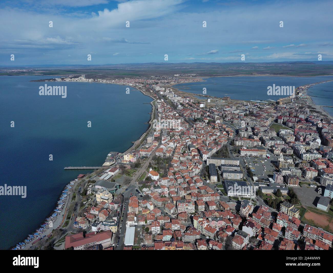 A bird's eye view of the small, densely populated old town of Pomorie ...