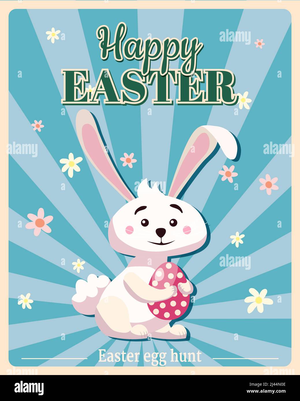 Happy Easter poster retro. Greeting card with rabbit, bunny, egg ...