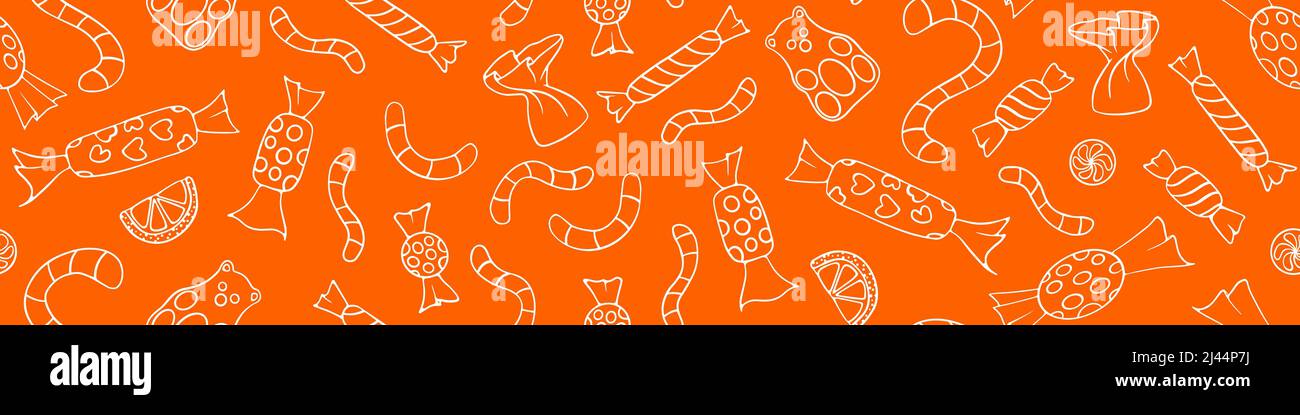 Seamless horizontal border with caramel and jelly sweets. Cute doodle ...