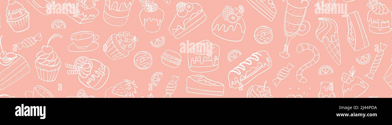 Seamless horizontal border with desserts and sweets. Cute doodle ...