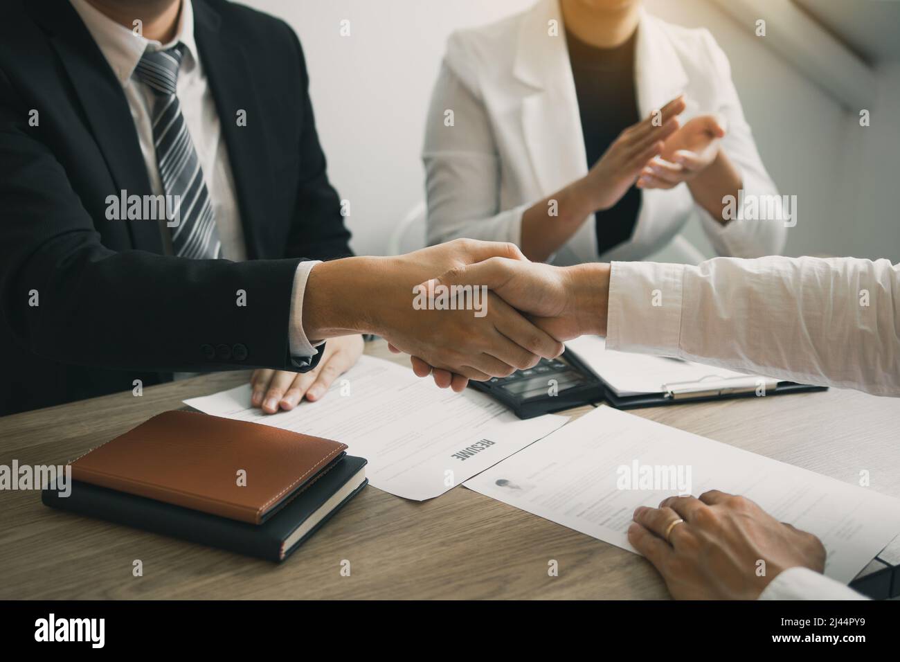 Manager and employee interview concept with handshake after talking ...