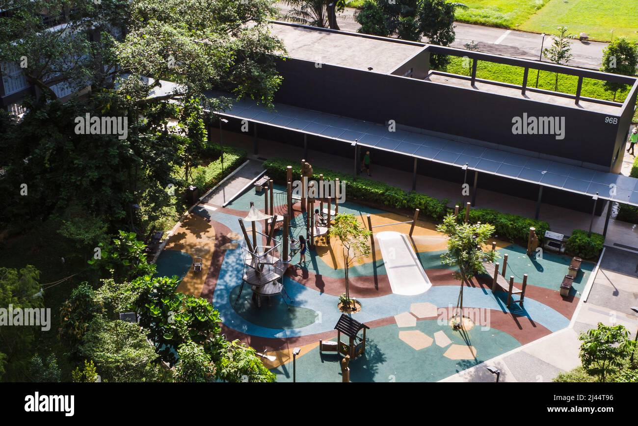 Top down view of a public playground for children in a residential ...