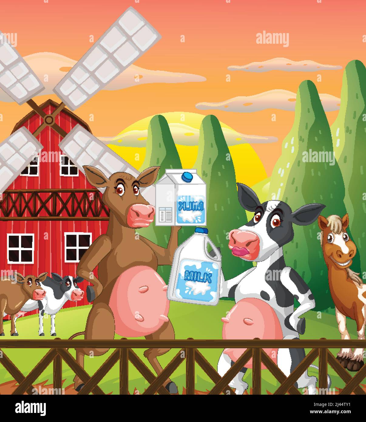 Outdoor cow farm scene with happy animals illustration Stock Vector ...