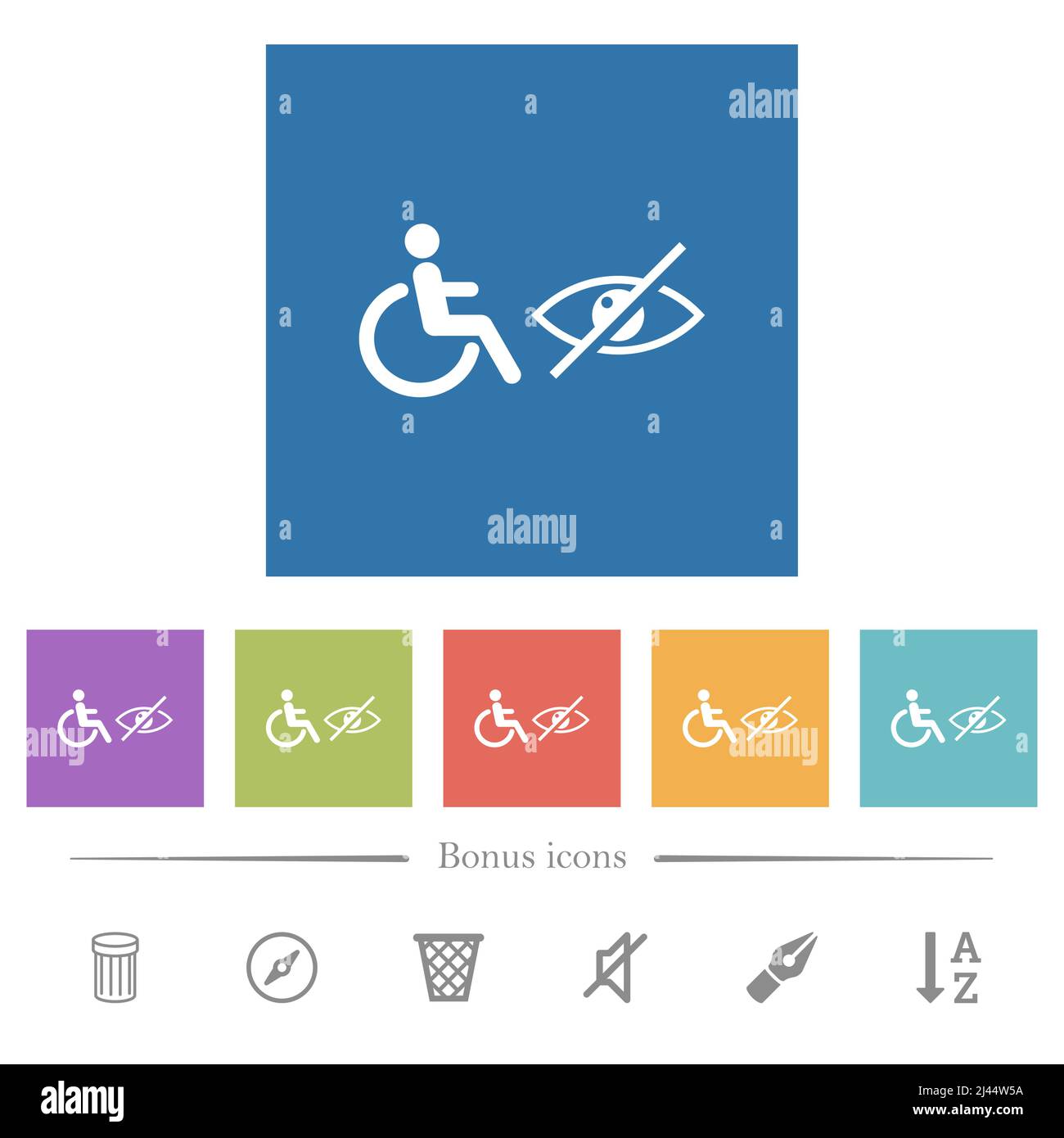 Wheelchair and visually impaired symbols flat white icons in square ...