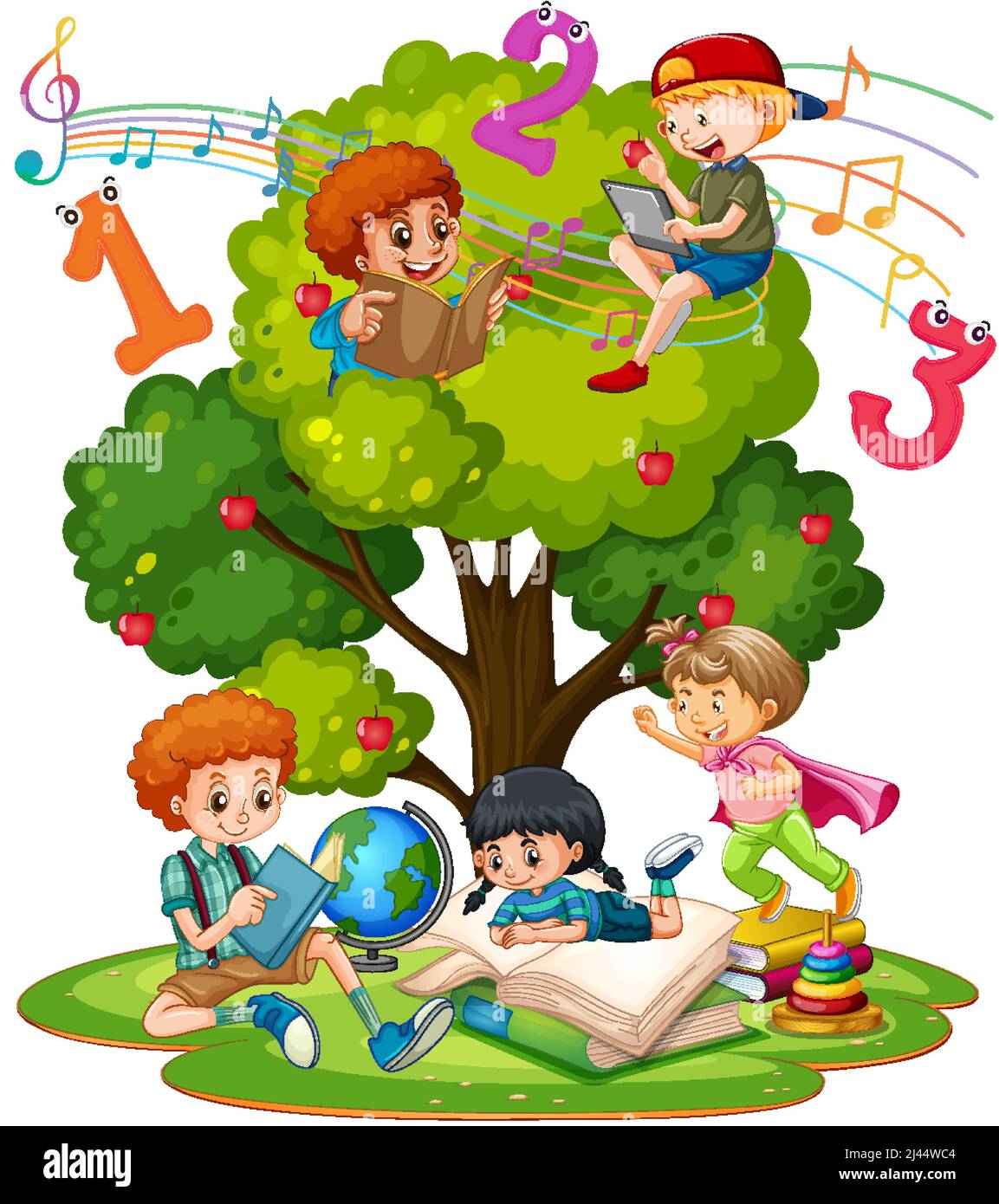 A children are reading books on a stack of books in garden scene ...