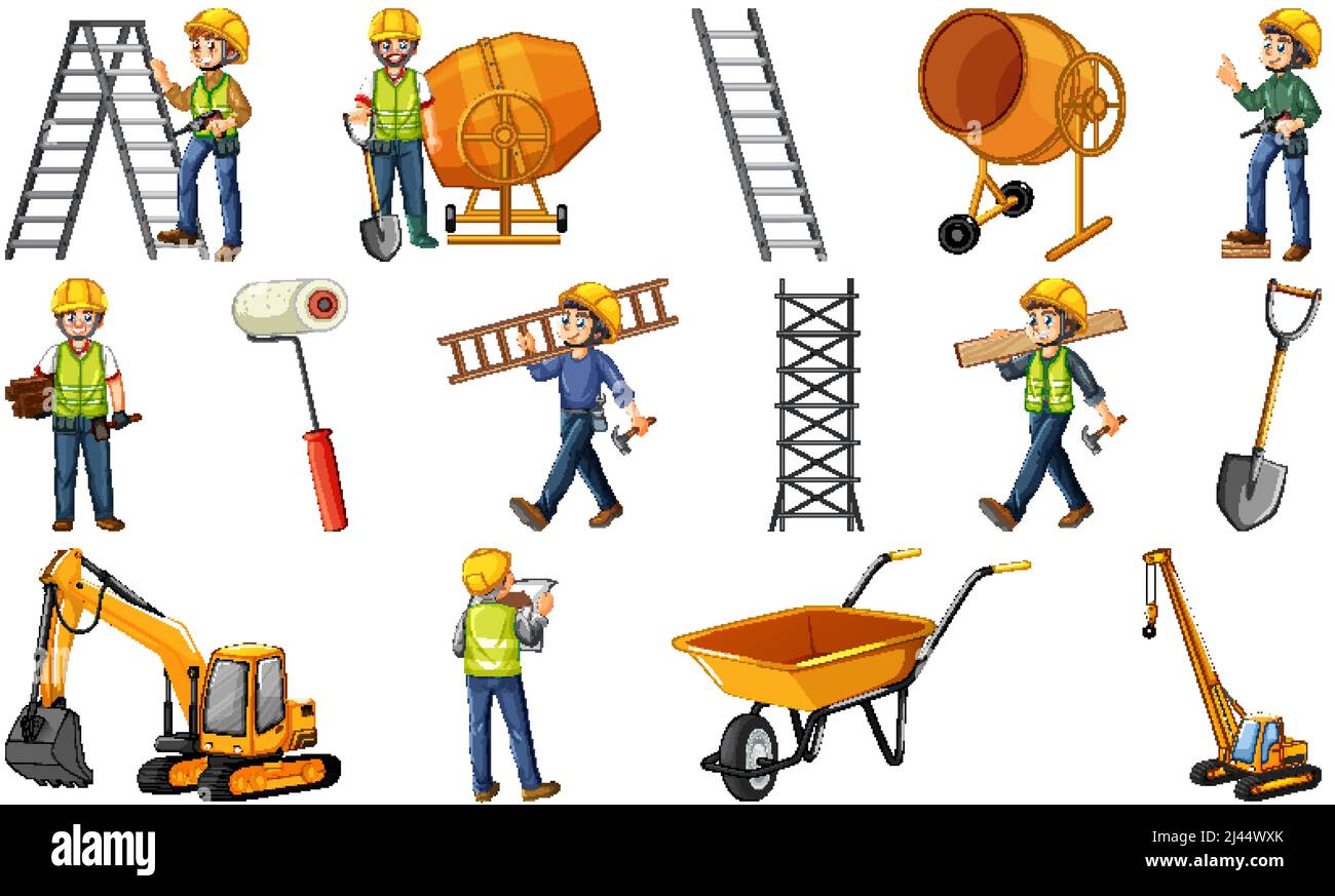 Set of construction site objects and workers illustration Stock Vector ...