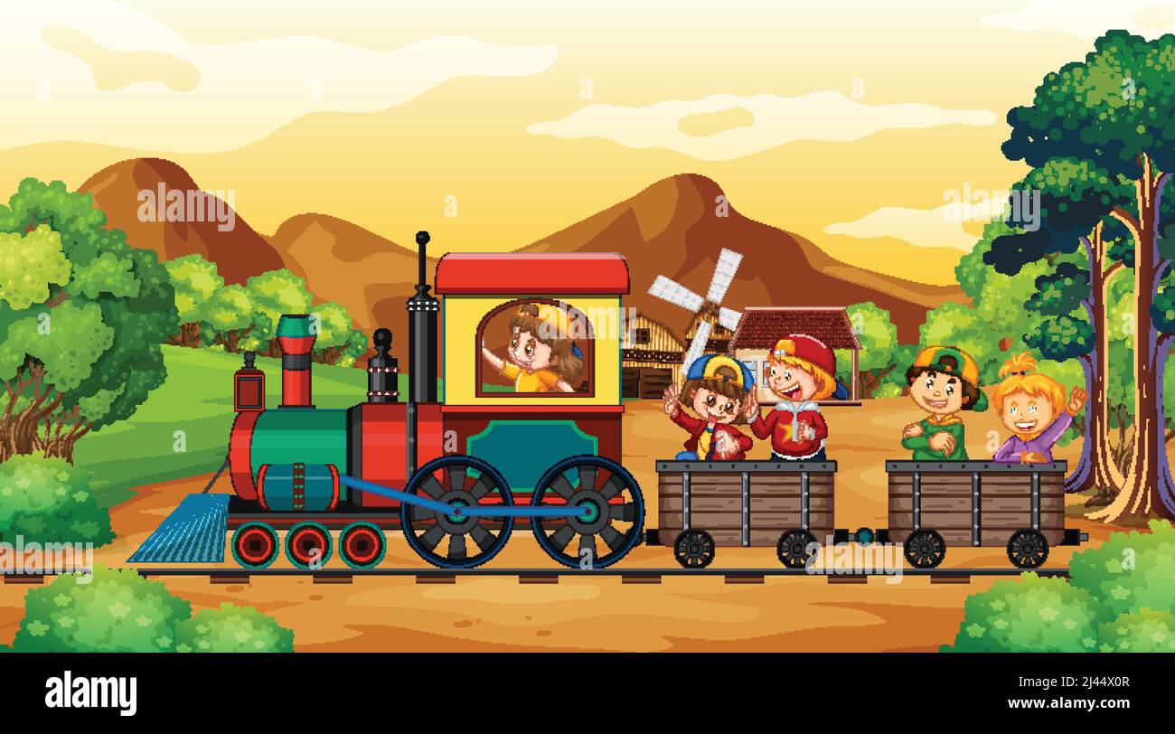 A kids in a train with natural scene illustration Stock Vector Image ...