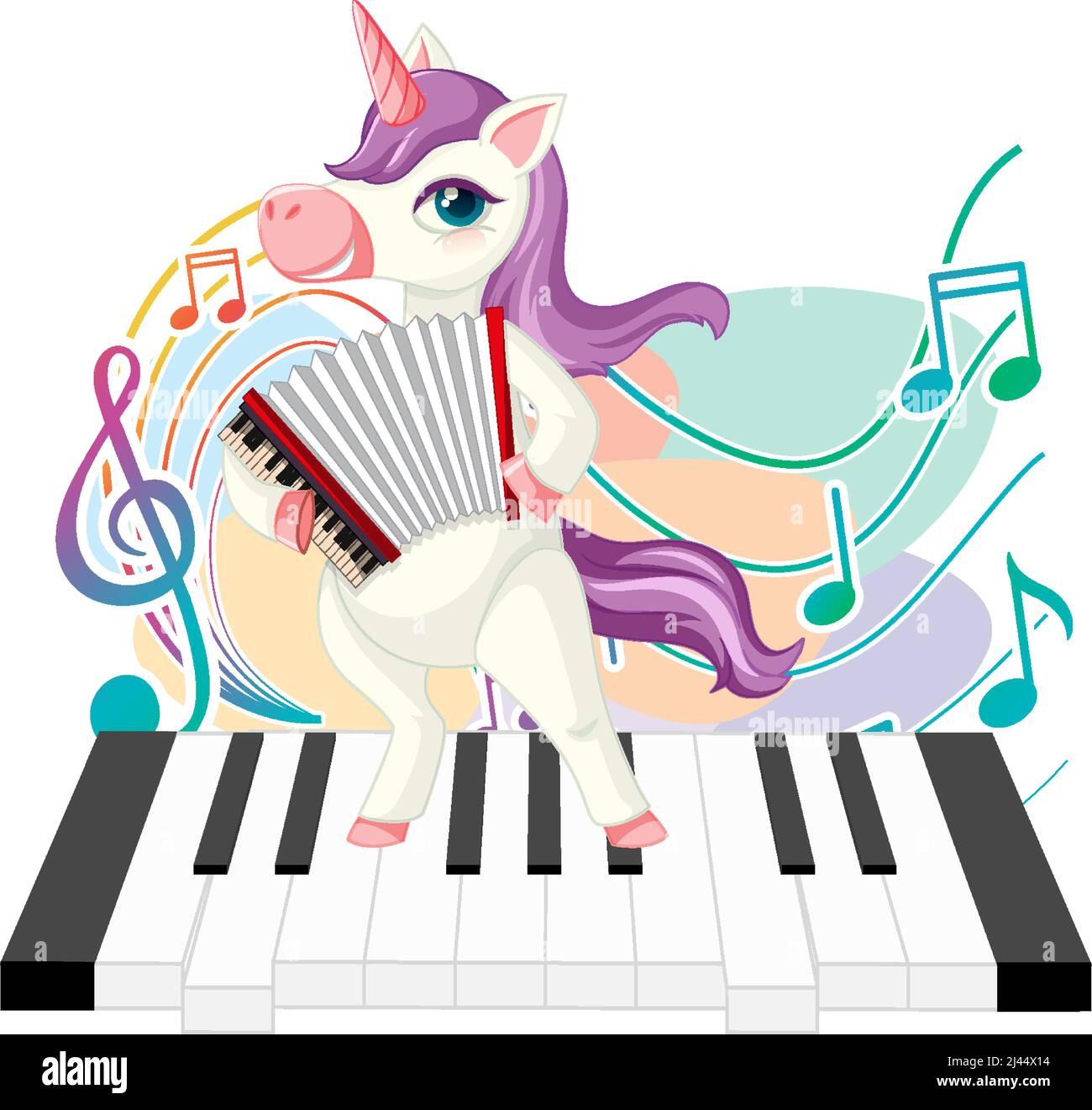 Cute purple unicorn playing accordion with music notes on piano ...