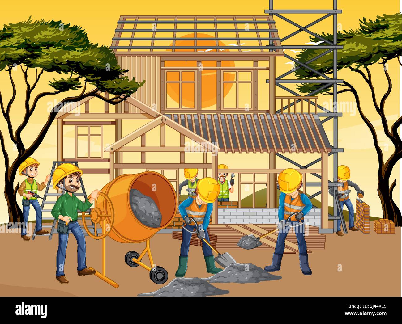 Construction site with workers illustration Stock Vector Image & Art ...