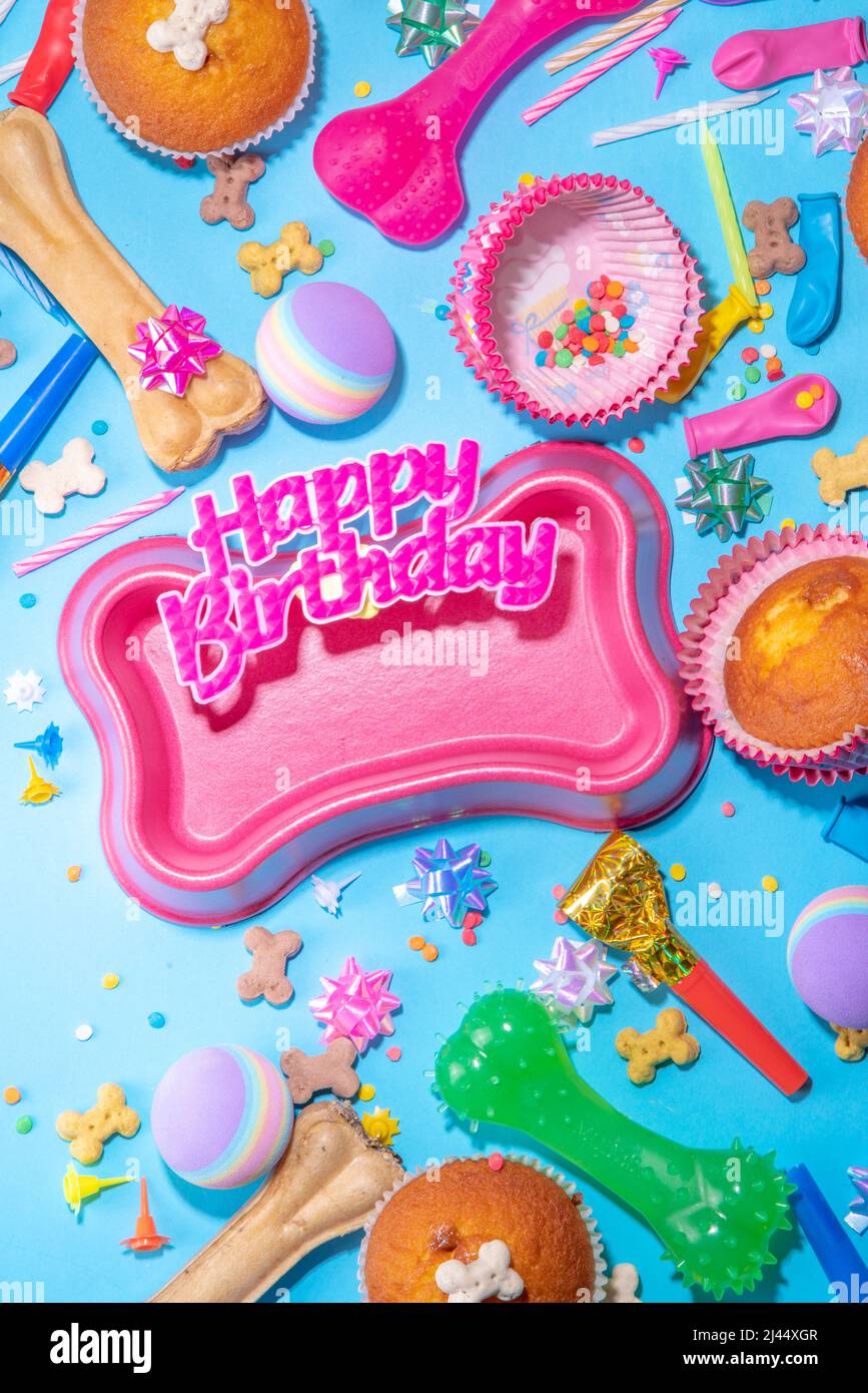Pet happy birthday background with set different dogs snack, food and ...