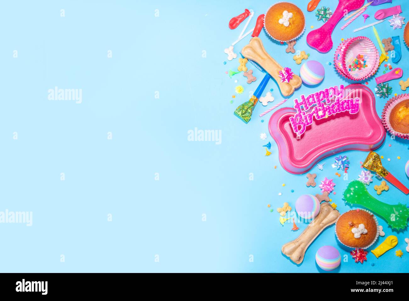 Pet happy birthday background with set different dogs snack, food and ...