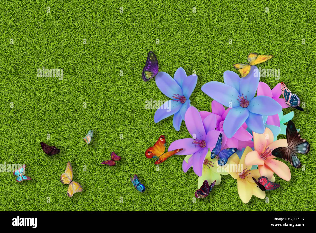 3d illustration. Spring Summer. Flowers and butterflies on green grass ...
