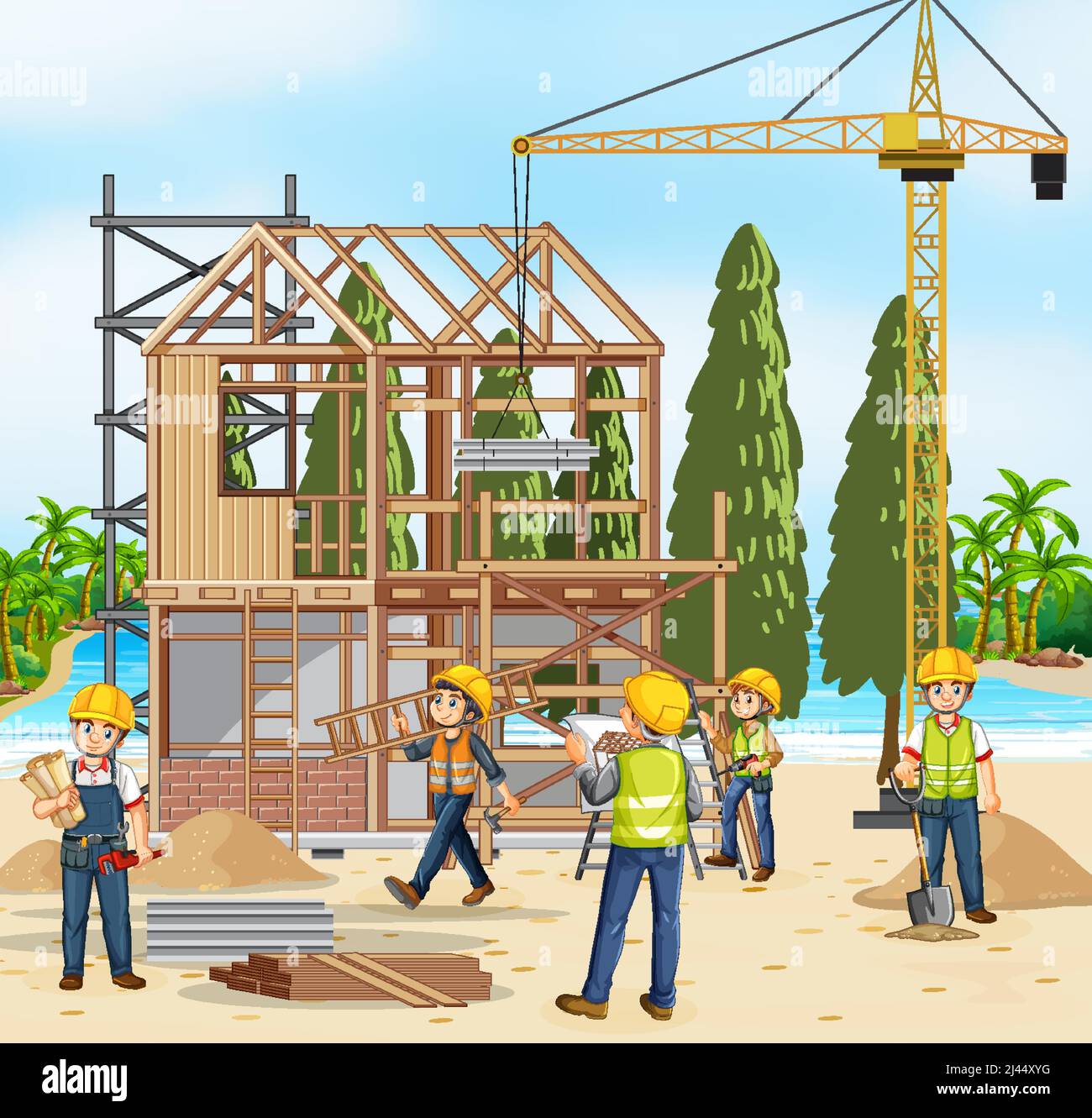 Construction site with workers illustration Stock Vector Image & Art ...