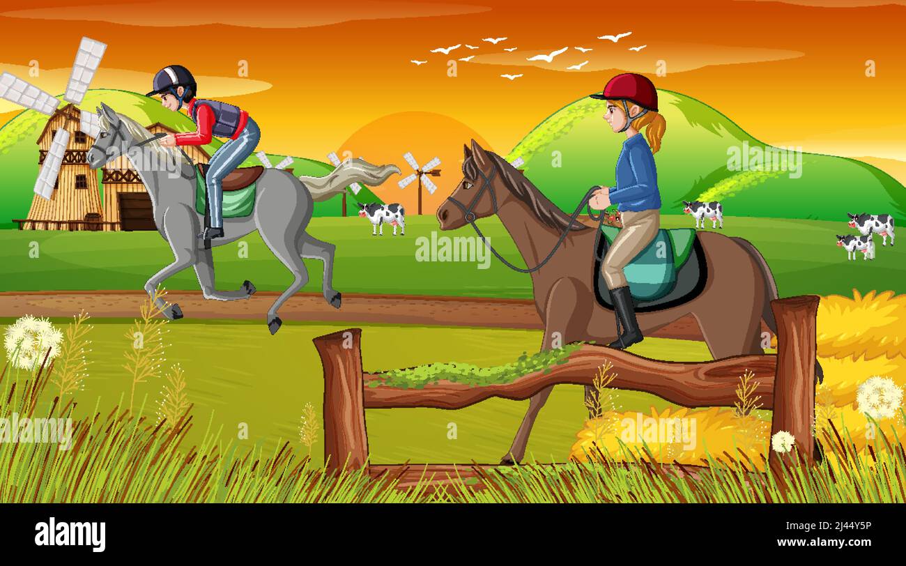 Horse riding scene with jockey and horse illustration Stock Vector ...