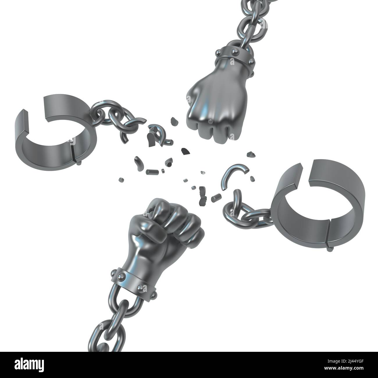 Shackles breaking chain fists smash between grey metal 3d illustration ...