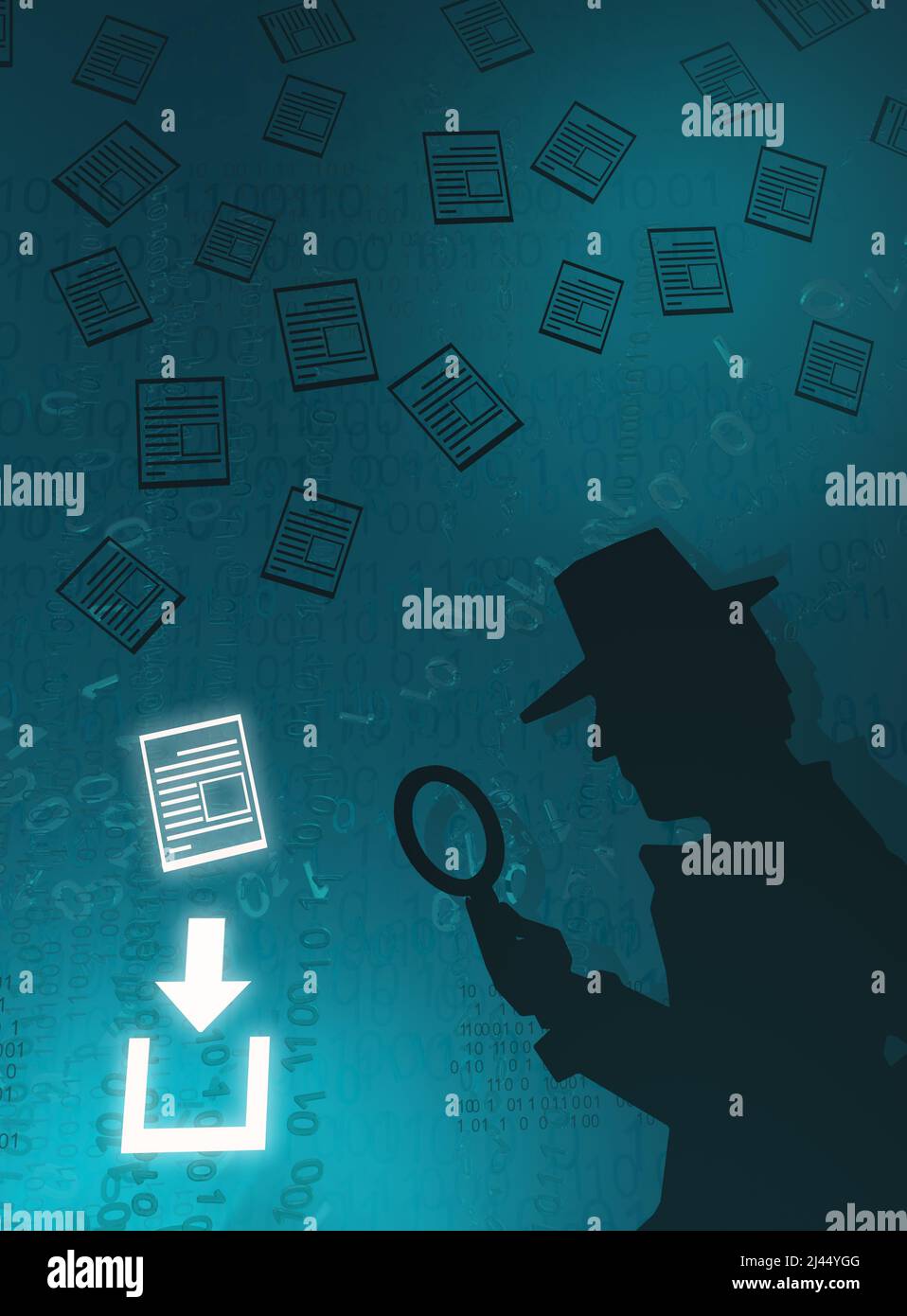 Cyberspace detective shadow figure document download, blue color ...