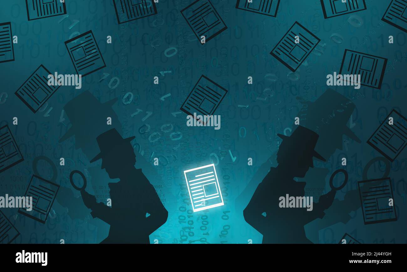 Cyberspace detective shadow figure lost document, blue color, virtual ...