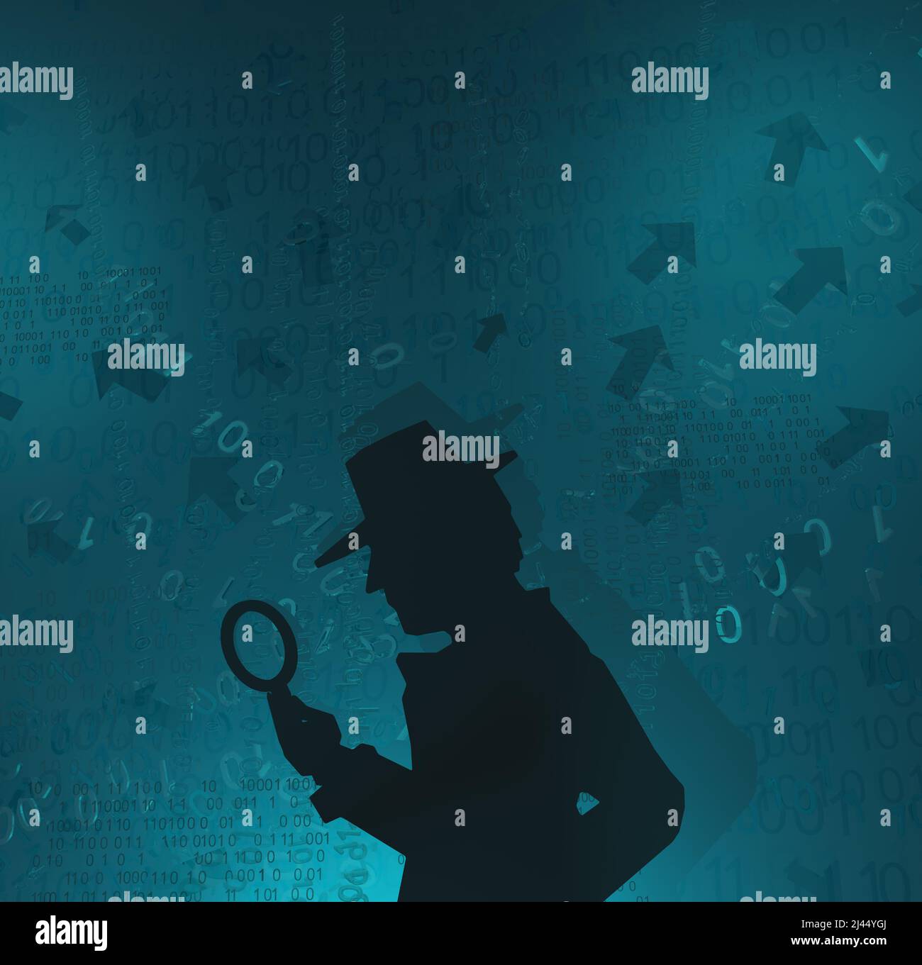 Cyberspace detective shadow figure arrows send, blue color, virtual ...