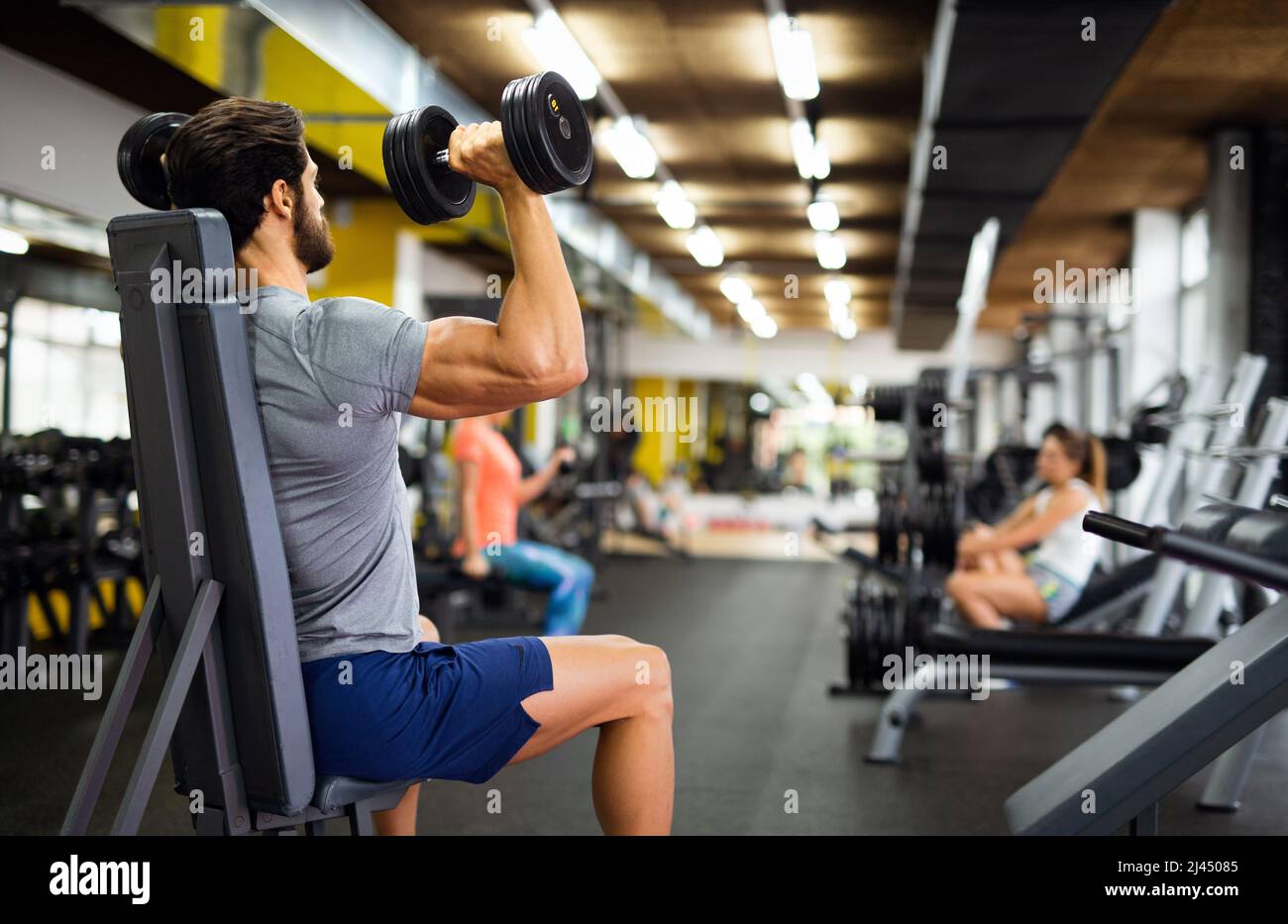Muscular bodybuilder handsome man doing exercises in gym. Sport people ...