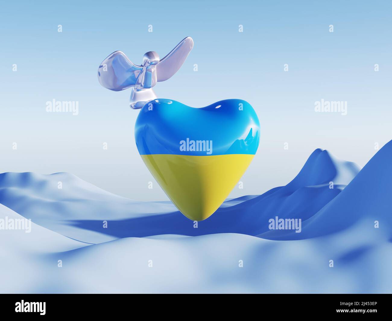 Dove of peace with green branch and Ukrainian flag heart on landscape ...