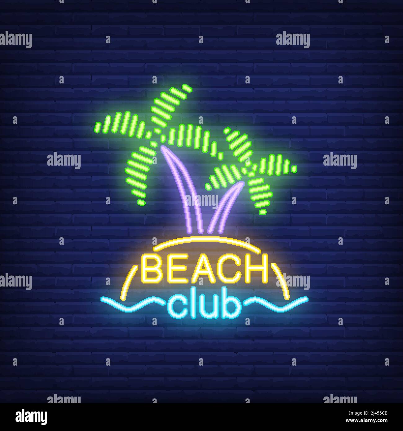 Beach club lettering and cocktail and island with palms. Neon sign on ...