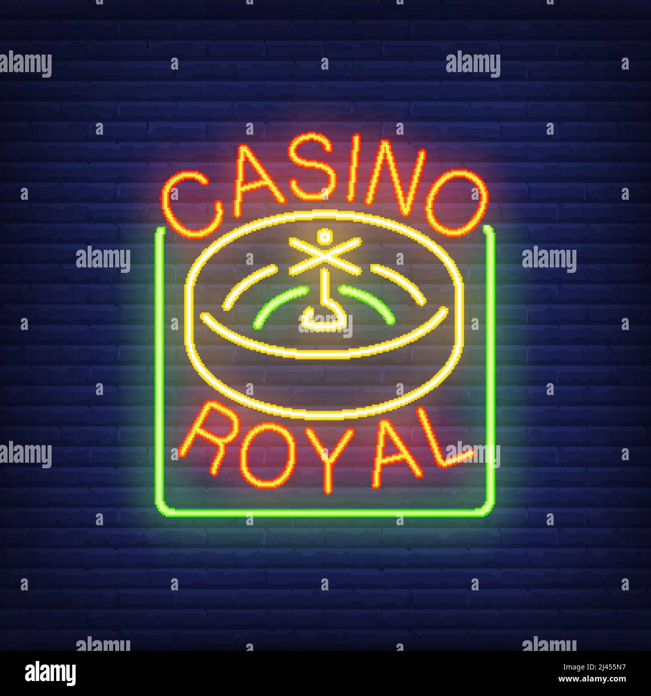 Casino royal neon sign. Roulette in square frame on brick wall ...